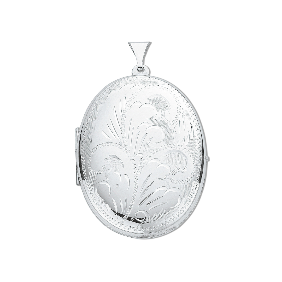 925 Sterling Silver Large Engraved Oval Shaped Locket with Chain